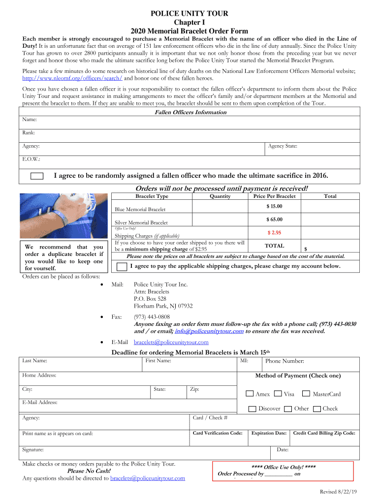 Fillable Online 2020 Memorial Bracelet Order Form Fax Email Print - pdfFiller