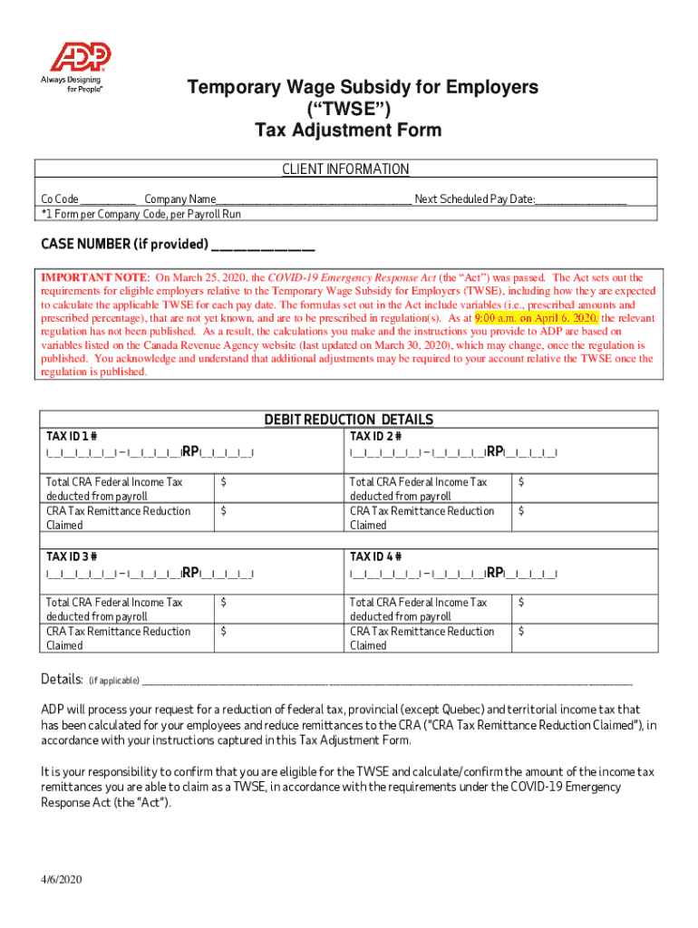Fillable Online Tax Adjustment Form. Temporary Wage Subsidy for ...