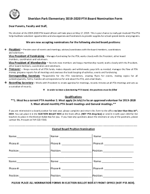 Fillable Online Sheridan Park Elementary 2019-2020 PTA Board Nomination ...