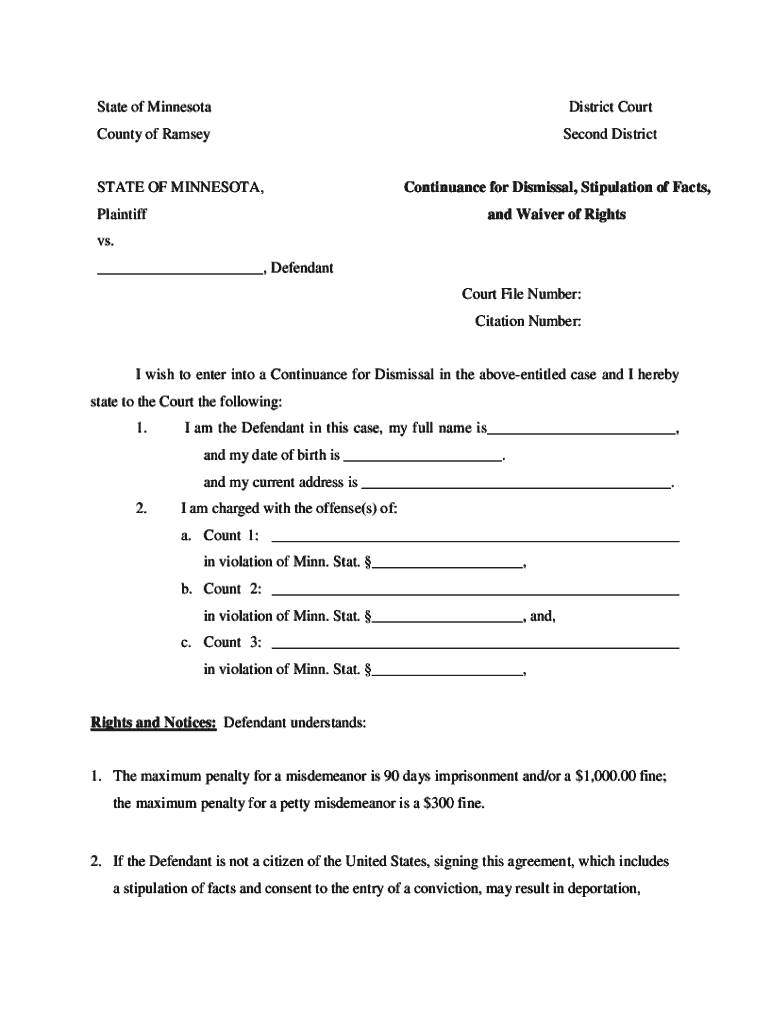 Fillable Online Continuance for Dismissal, Stipulation of Facts, Fax ...