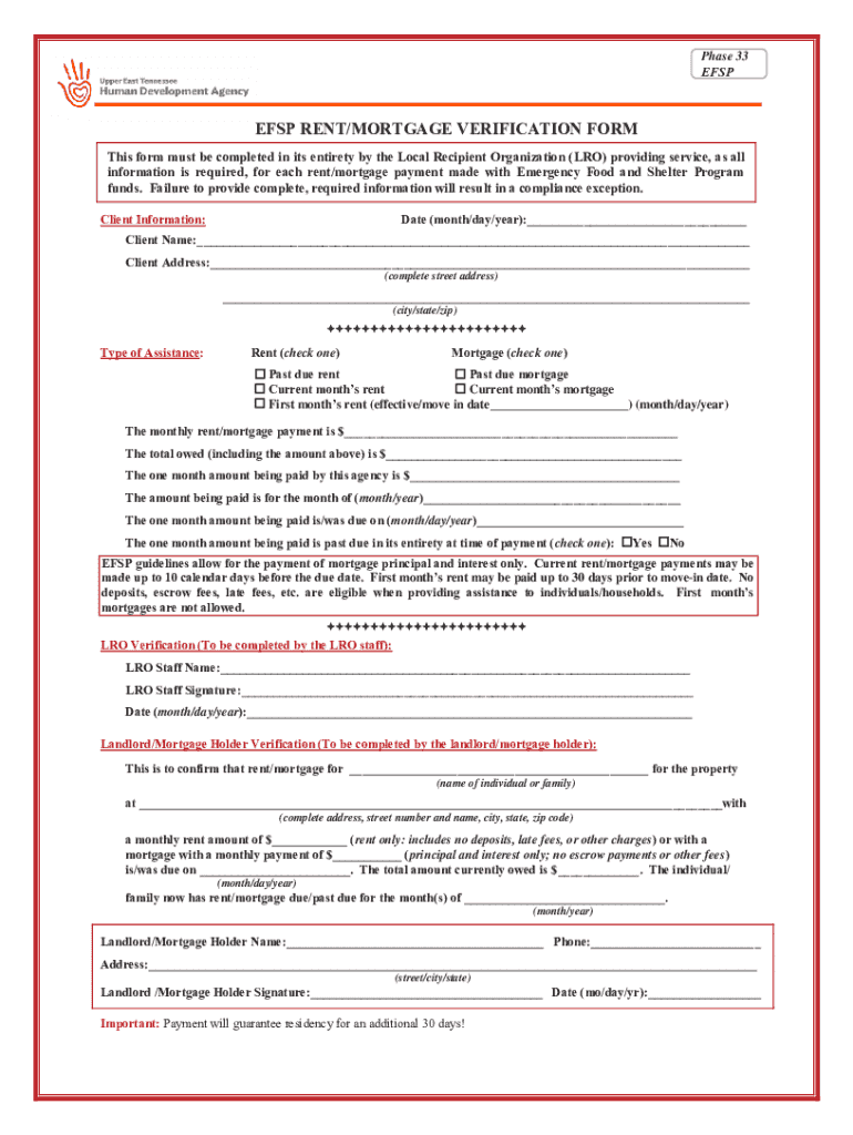 Fillable Online EFSP RENT/MORTGAGE VERIFICATION FORM Fax Email Print - pdfFiller