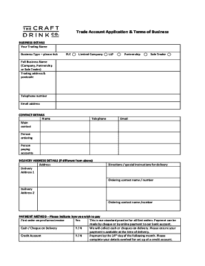 Fillable Online Craft Drink Co Trade Account Application Form Fax Email ...