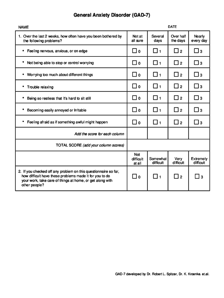 Fillable Online General Anxiety Disorder (GAD-7) assessment form Fax ...