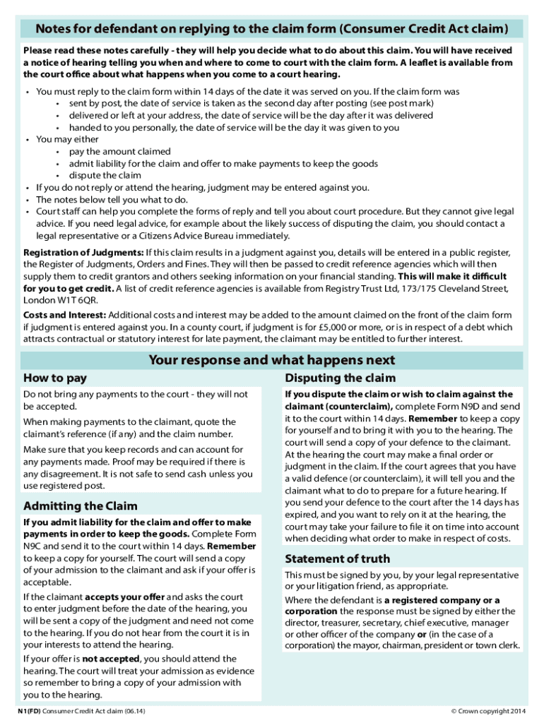 Fillable Online N1(FD) Notes for defendant on replying to the claim ...