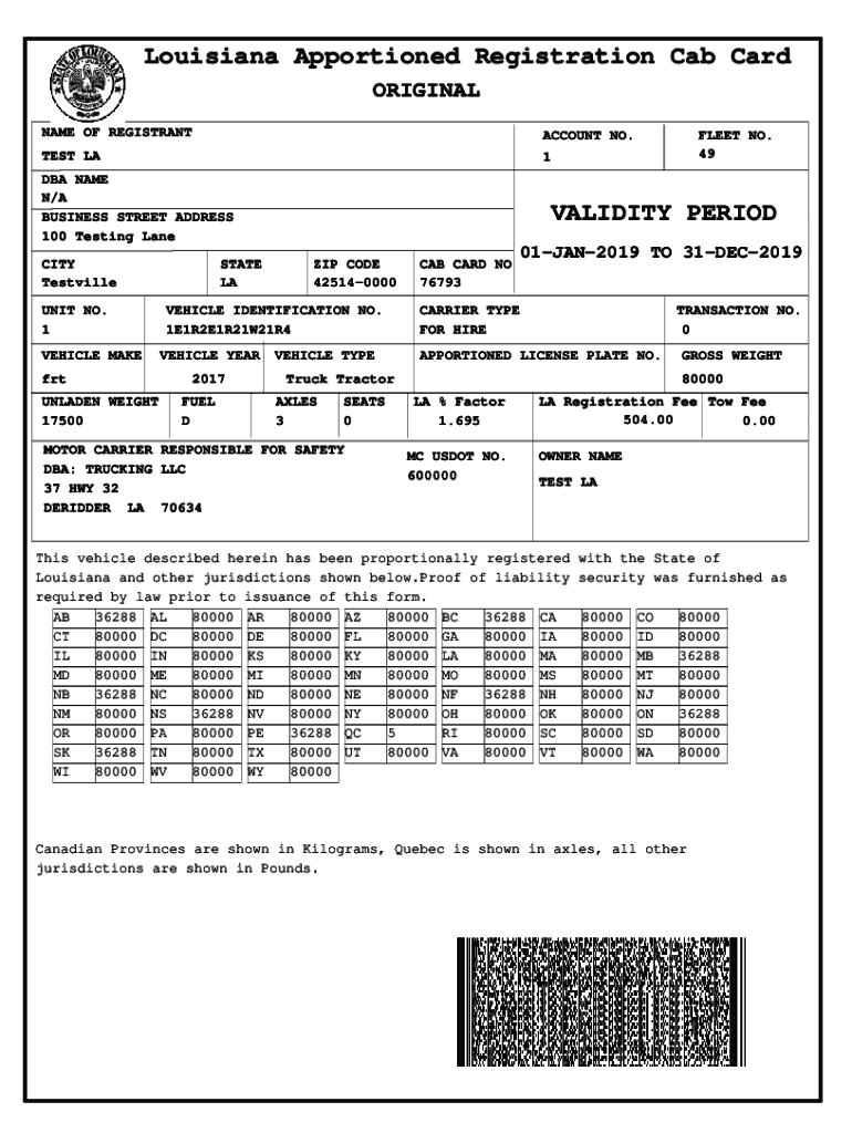 Fillable Online Louisiana Apportioned Registration Cab Card Fax Email Print - pdfFiller