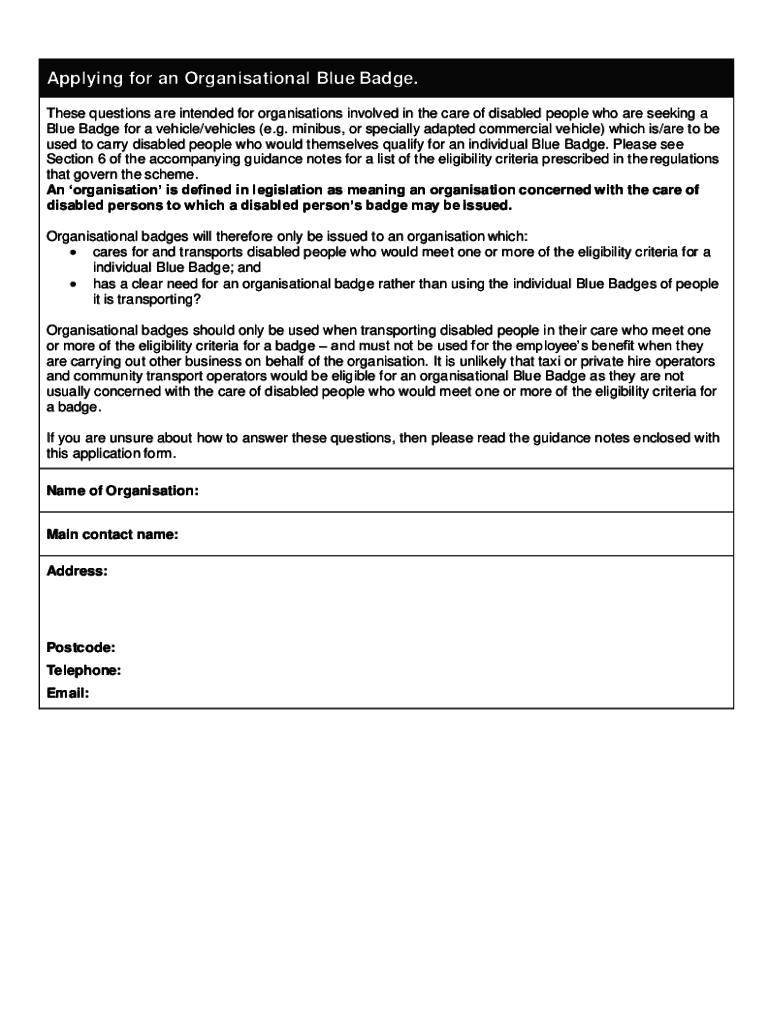 Fillable Online The Blue Badge Scheme Application for an Organisational ...