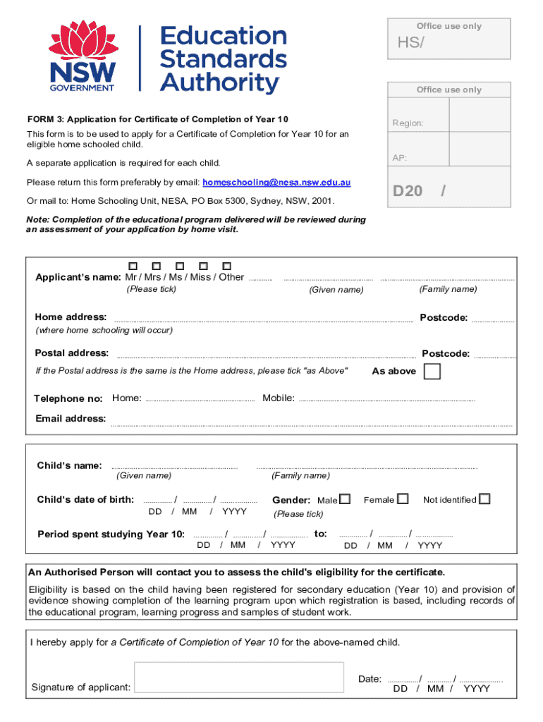 Fillable Online FORM 3: Application for Certificate of Completion of ...
