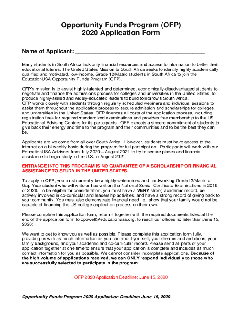 Fillable Online Opportunity Funds Program (OFP) 2020 Application Form ...
