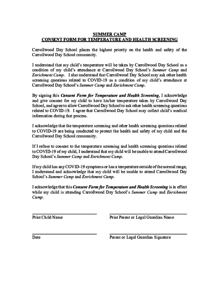Fillable Online COVID Camp Temperature Screening Consent Form Fax Email ...