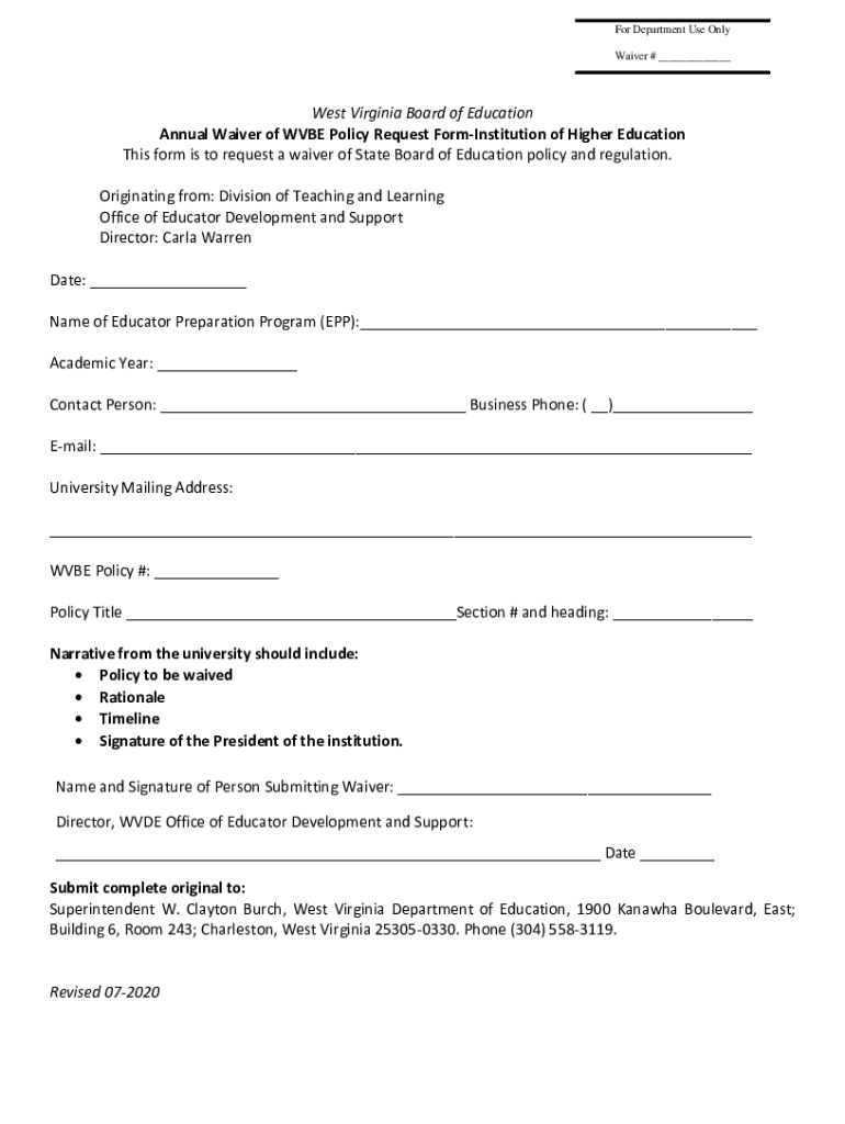 Fillable Online Annual Waiver of WVBE Policy Request Form - West ...