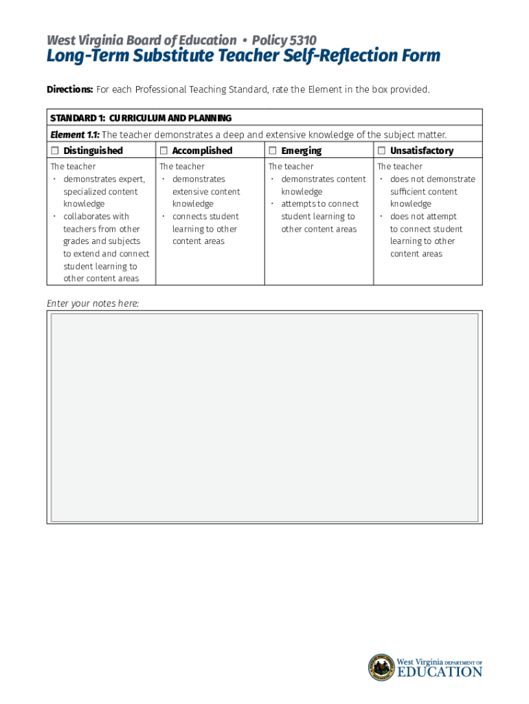Fillable Online Long-Term Substitute Teacher Self-Reflection Form ...