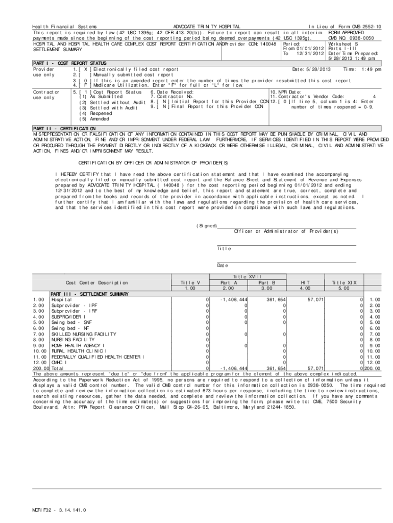 Fillable Online HOSPITAL AND HOSPITAL HEALTH CARE COMPLEX COST REPORT ...