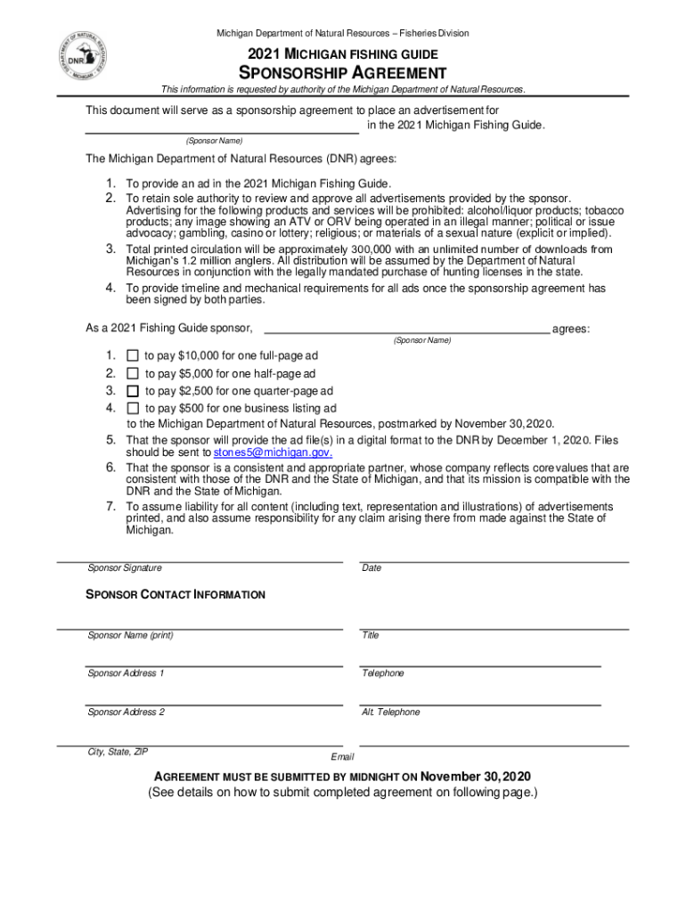 Fillable Online 2020 Michigan Fishing Guide Sponsorship agreement form ...