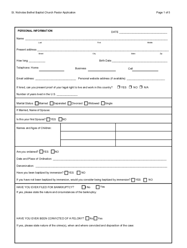 Fillable Online Little Union Baptist Church Pastor Application Form Fax ...