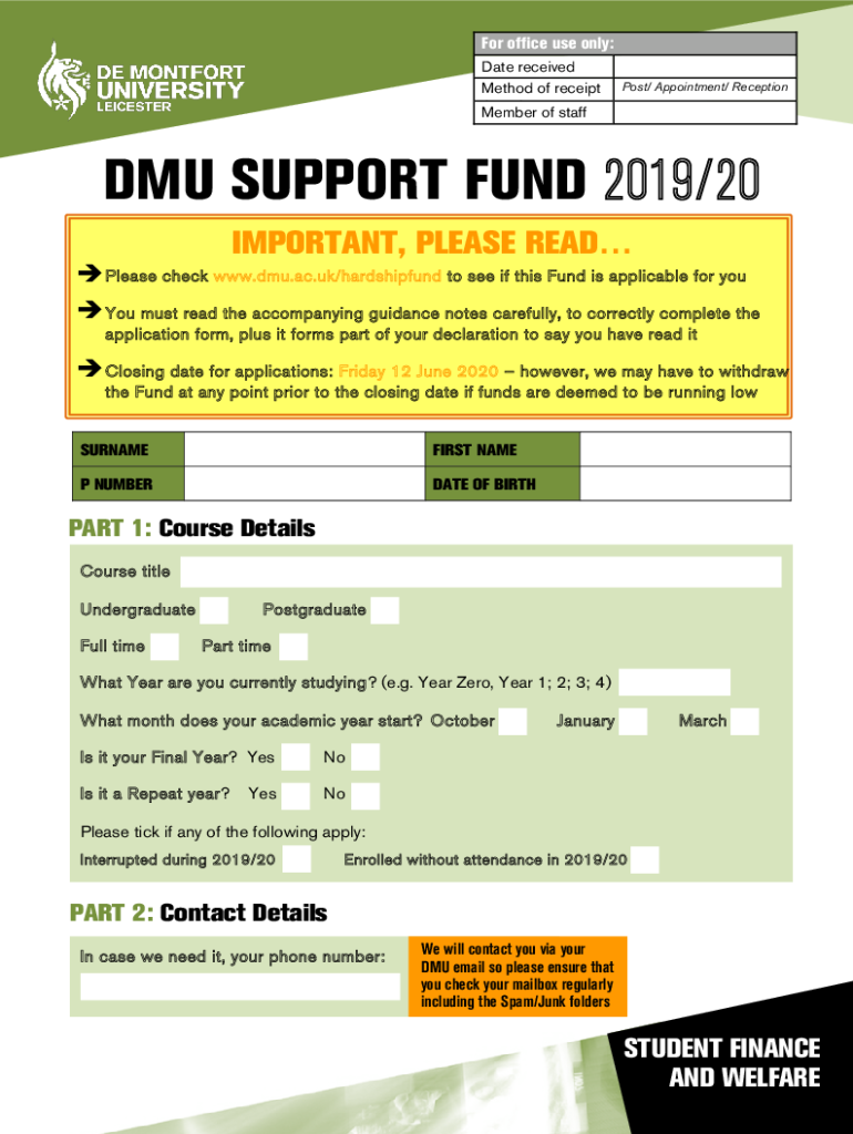 Fillable Online DMU Support Fund 2019-20 application form Fax Email ...