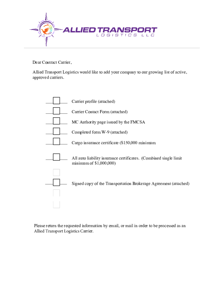 Fillable Online Allied Transport Logistics would like to add your company to our growing list of ...