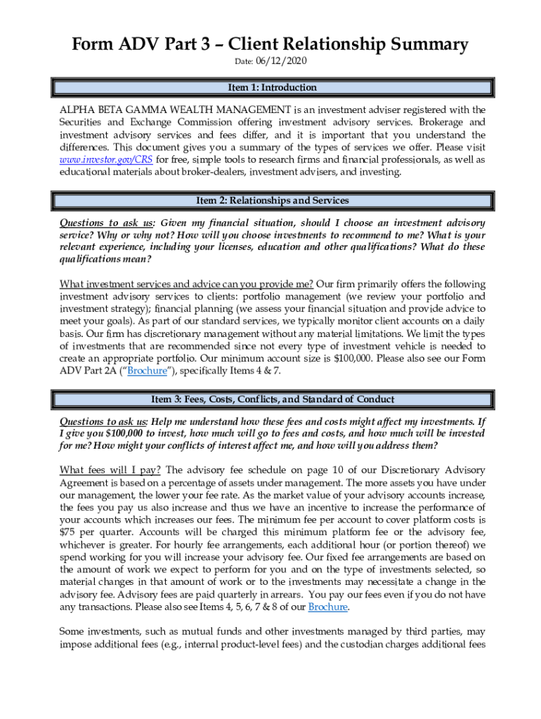 Fillable Online Form ADV Part 3 Client Relationship Summary Fax Email Print - pdfFiller