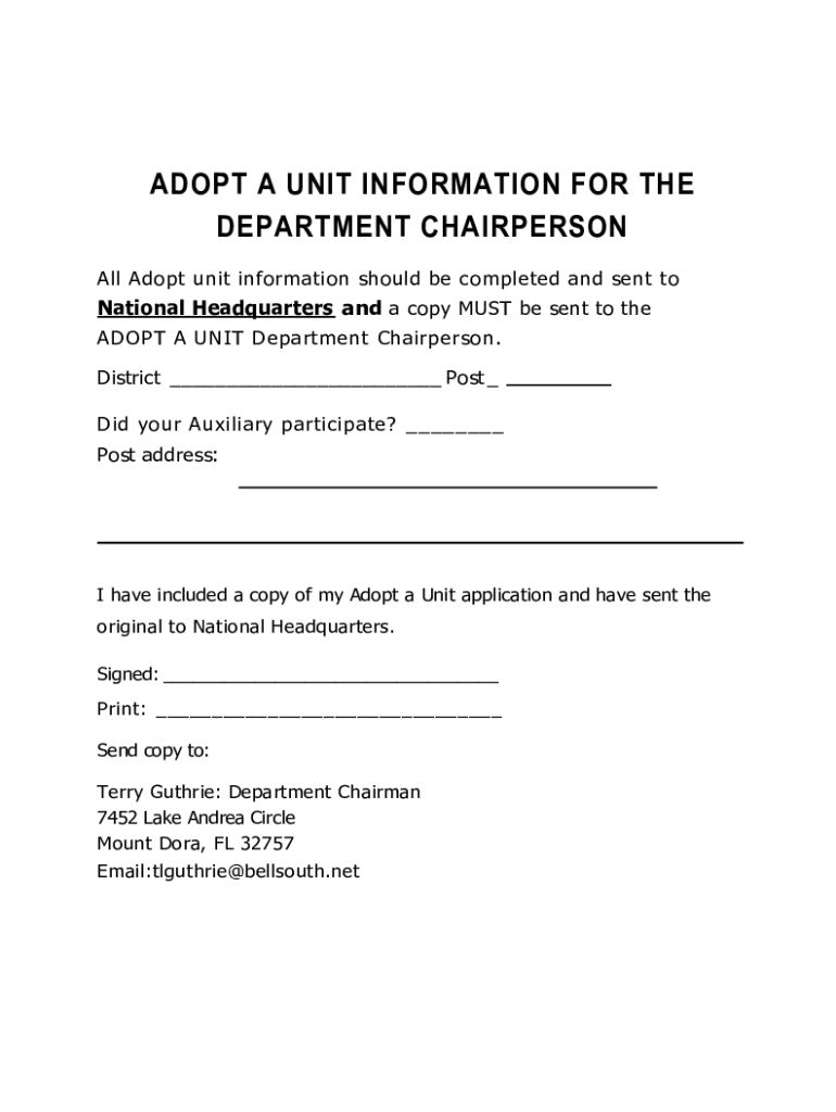 Fillable Online ADOPT A UNIT INFORMATION FOR THE DEPARTMENT Fax Email ...