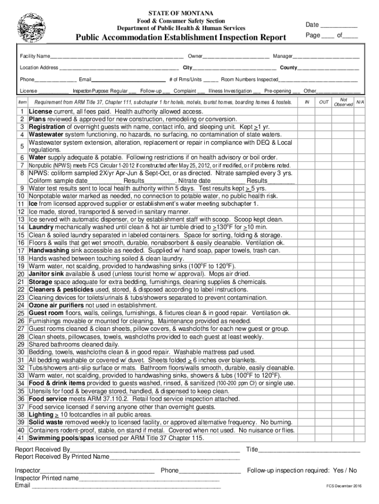 Fillable Online dphhs mt Public Accommodation Establishment Inspection ...