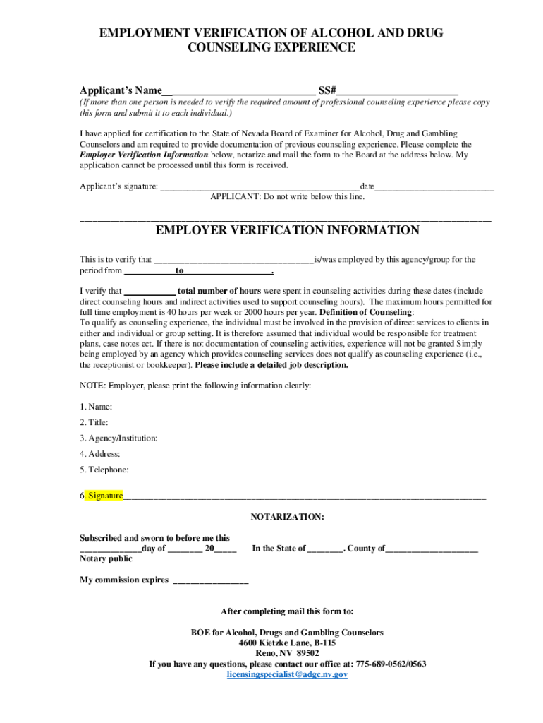 Fillable Online State of Nevada Board of Examiners for Alcohol ...