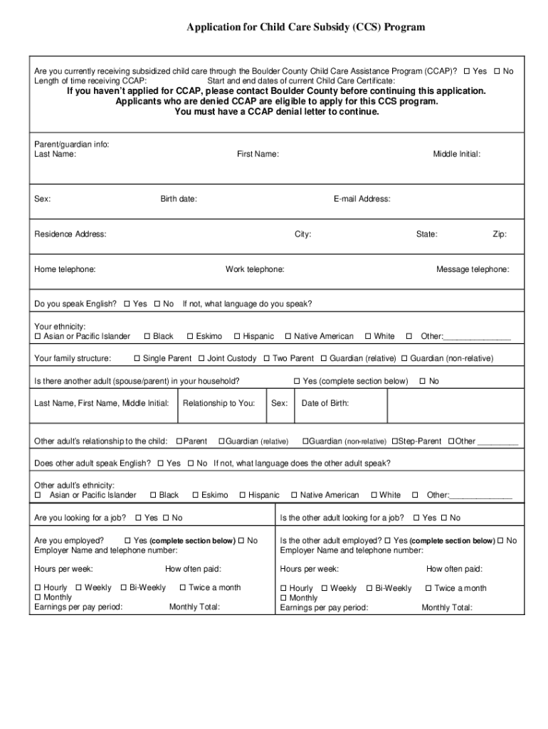 Fillable Online Application for Child Care Subsidy (CCS) Program Fax ...
