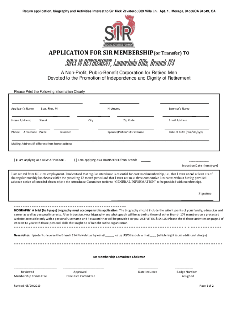 Fillable Online branch174 sirinc2 APPLICATION FOR SIR MEMBERSHIP(or ...