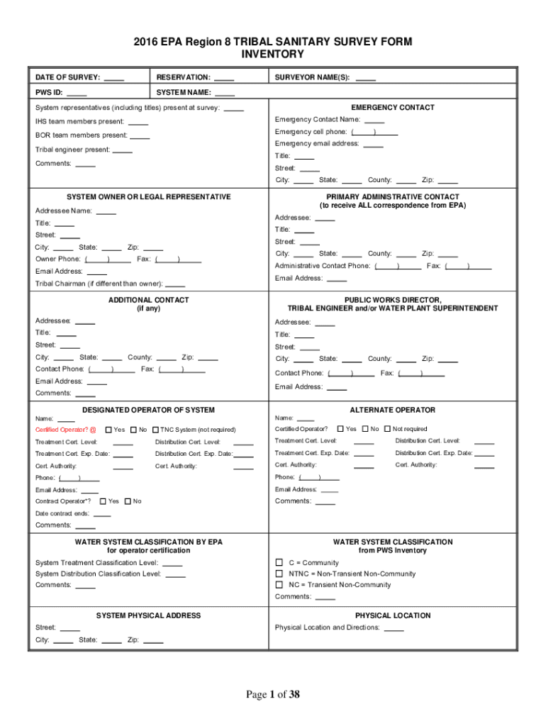 Fillable Online EPA Region 8 Tribal Sanitary Survey Form - 2016 Version ...