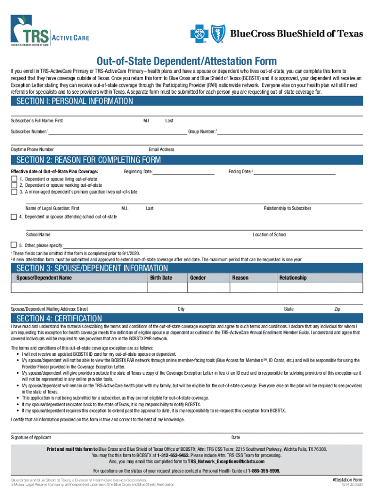 Fillable Online Out-of-State Dependent/Attestation Form - Blue Cross ...