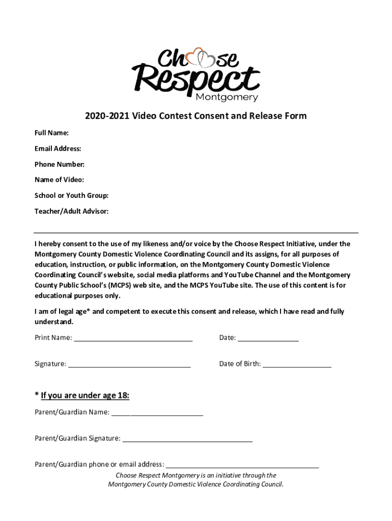 Fillable Online 2020-2021 Video Contest Consent and Release Form Fax ...