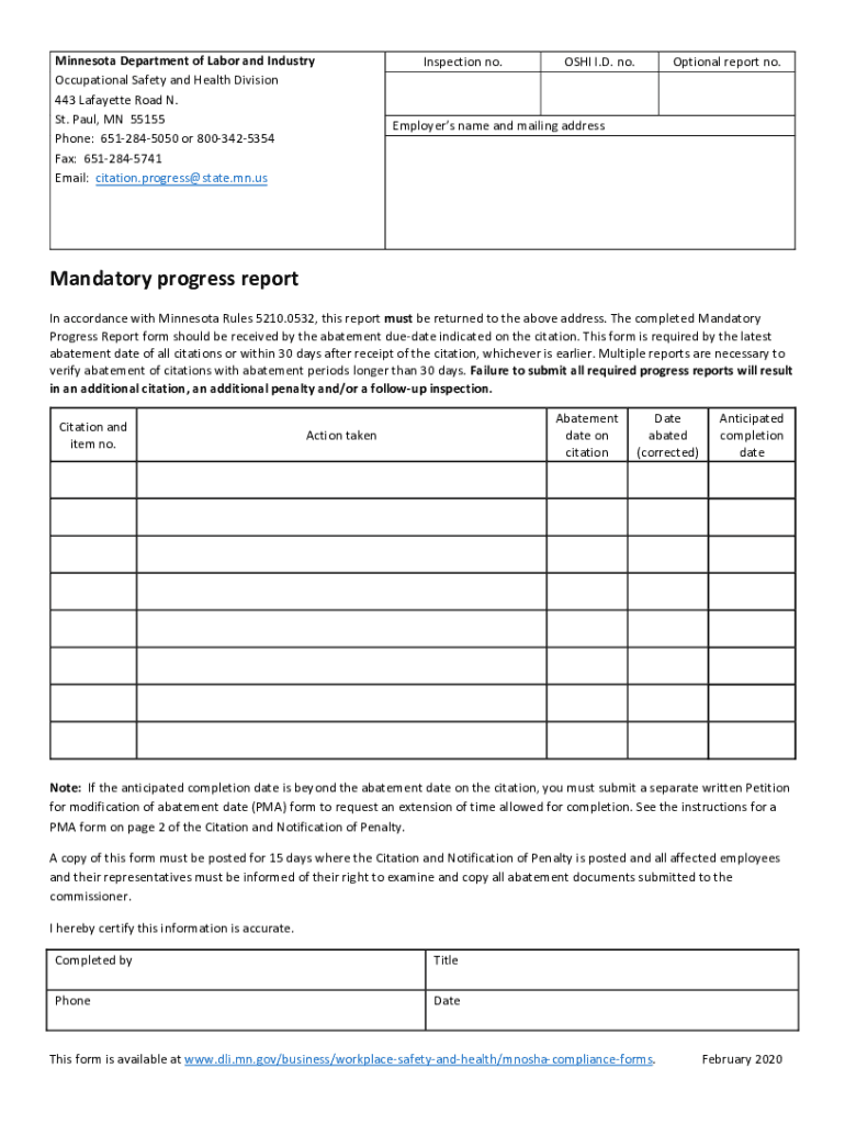 Fillable Online Form: Mandatory progress report - Minnesota Department ...