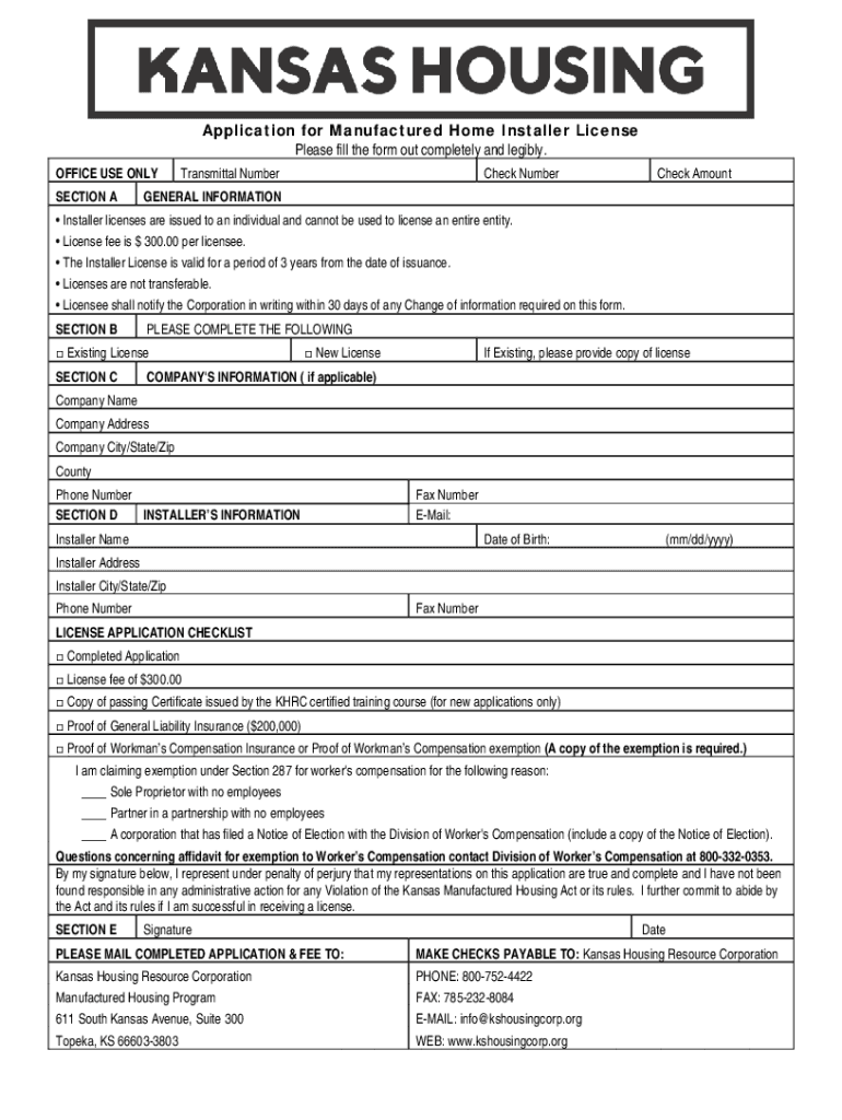 Fillable Online Application for Manufactured Home Installer License Please ... Fax Email Print ...