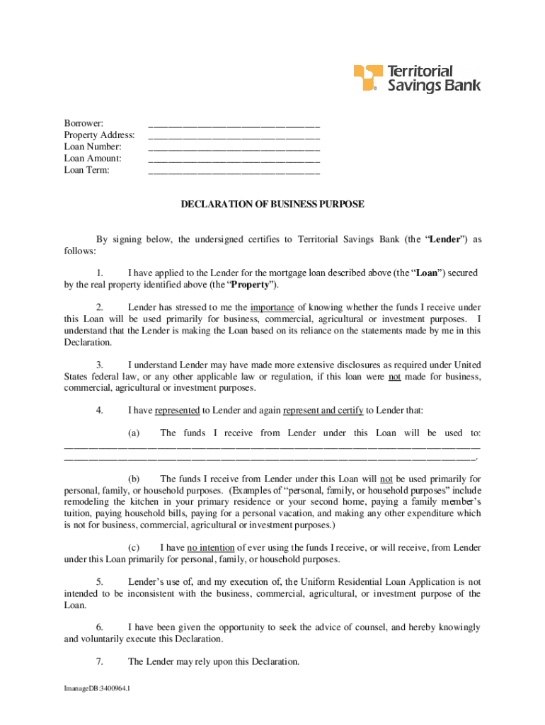 Fillable Online DECLARATION OF BUSINESS PURPOSE Fax Email Print - pdfFiller