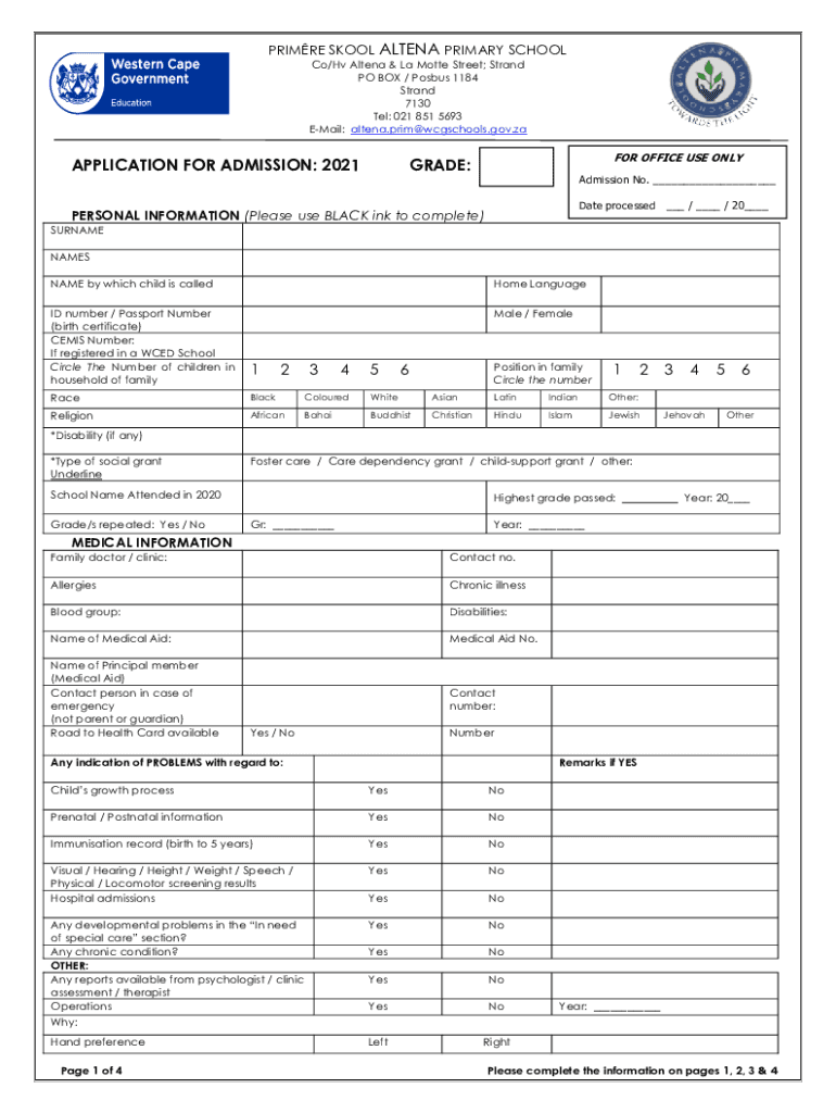 Fillable Online application for admission: 2021 grade - Laerskool ...