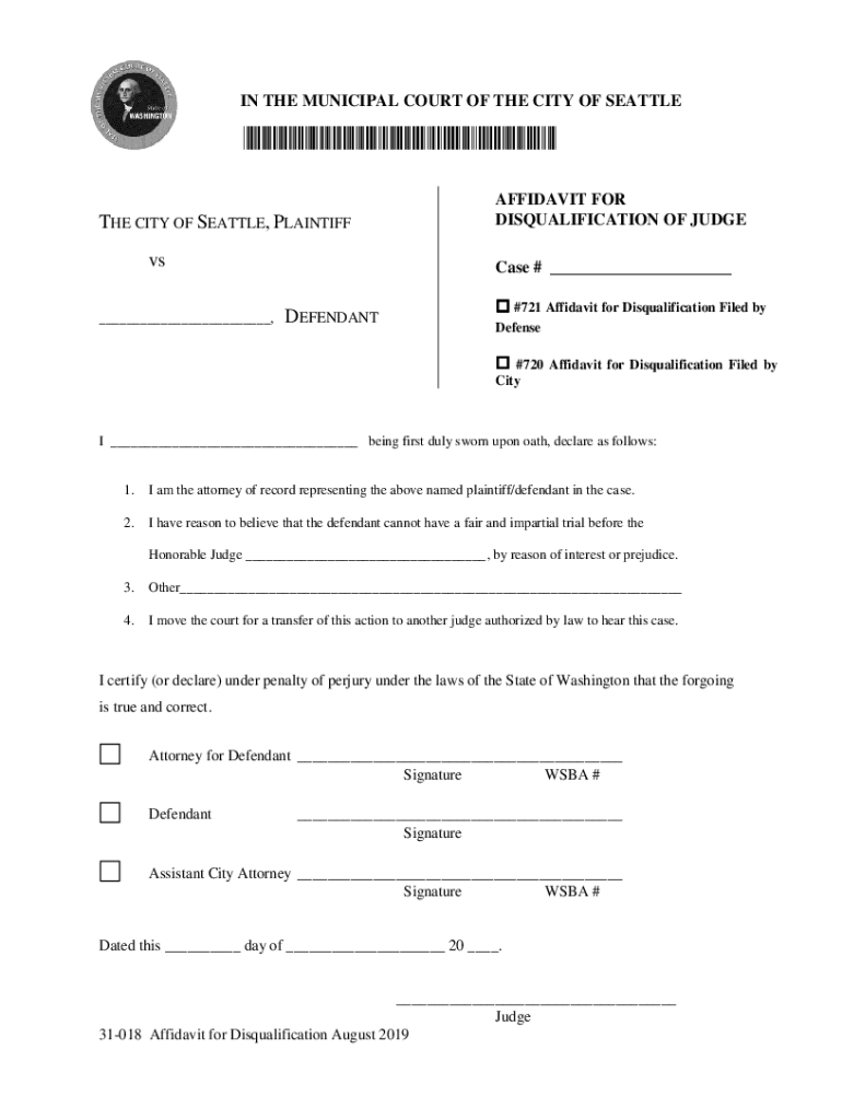 Fillable Online 31-018 Affidavit for Disqualification of Judge Aug ...
