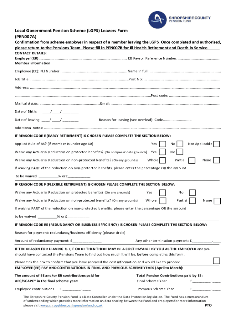 Fillable Online Local Government Pension Scheme (LGPS) Leavers Form ... Fax Email Print - pdfFiller