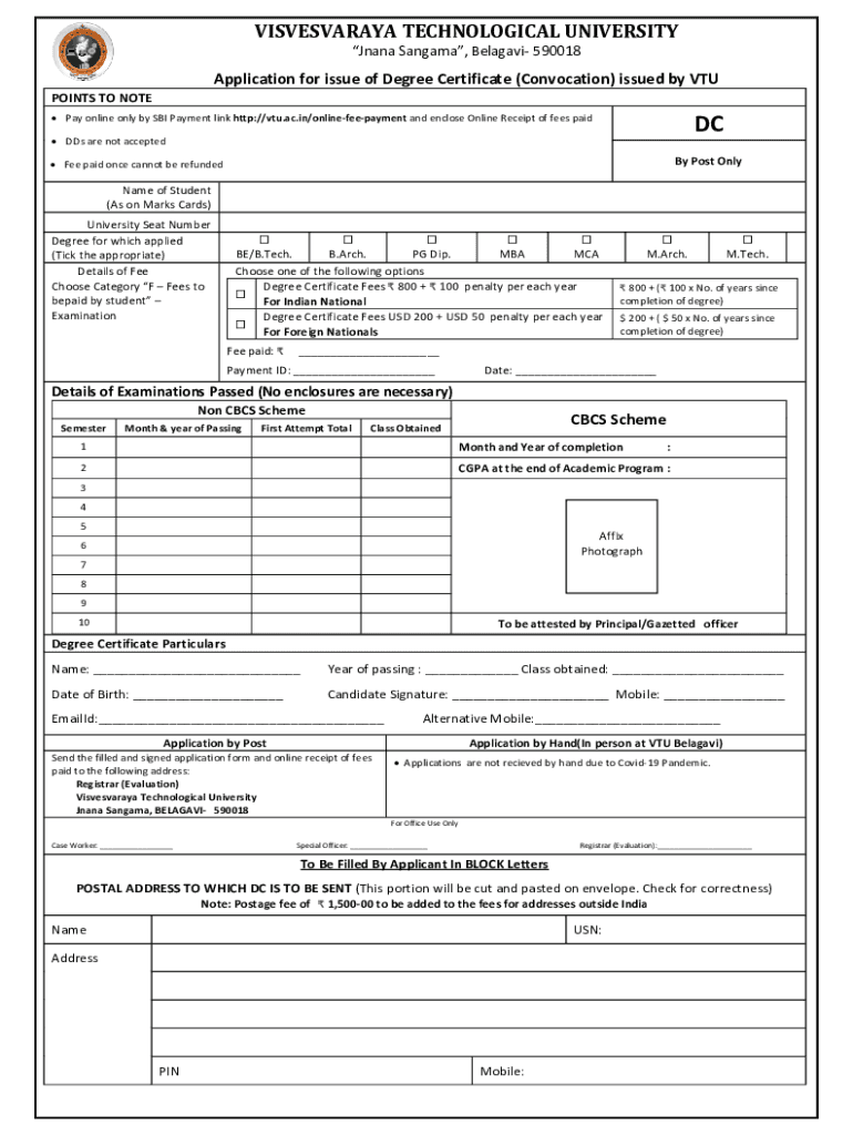 Application For Issue Of Degree Certificate Convocation Issued By VTU 