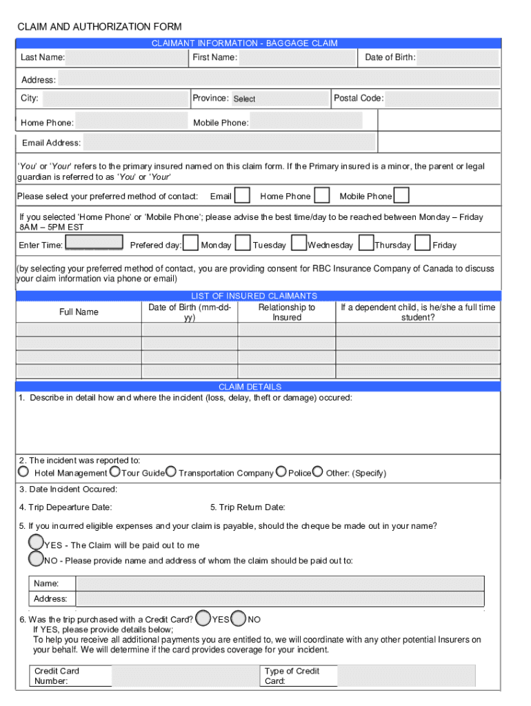 Fillable Online CLAIM AND AUTHORIZATION FORM - RBC Insurance Fax Email ...