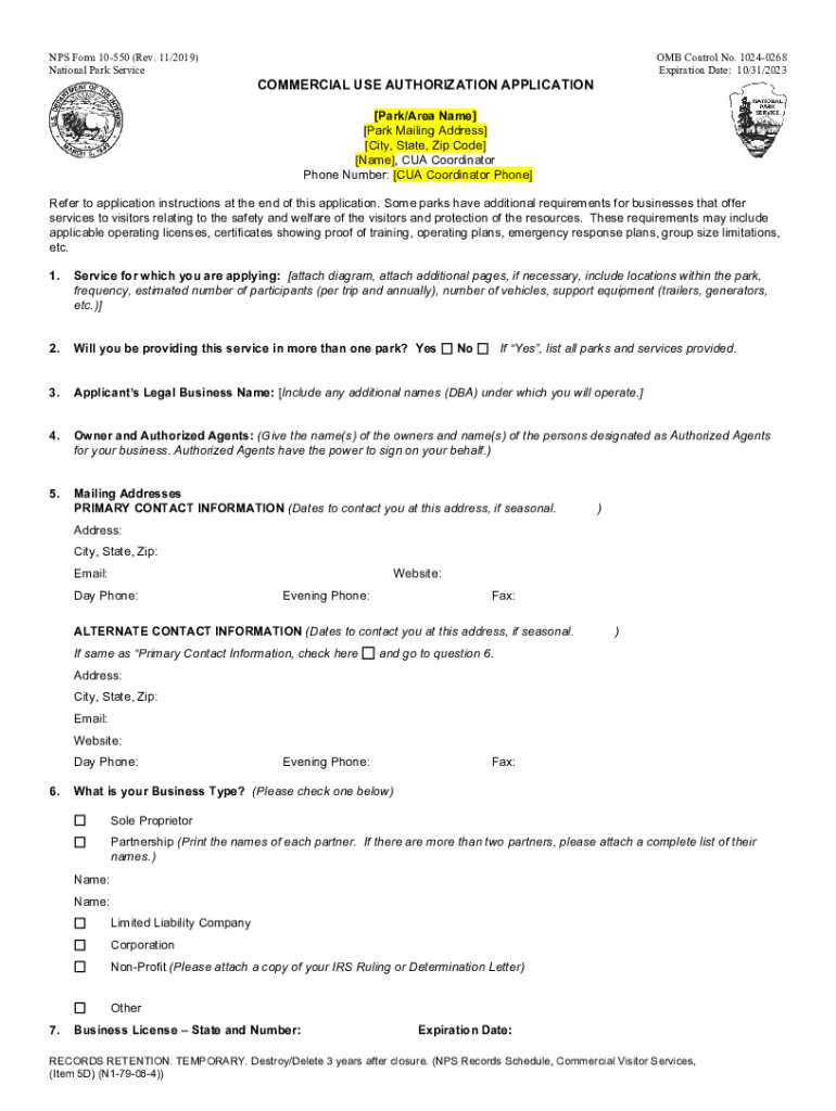CUA Application (NPS Form 10-550) - Fill and Sign Printable Template ...