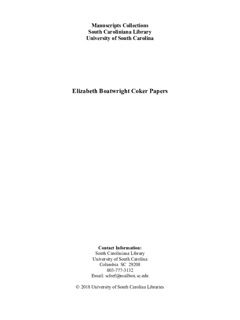 Fillable Online Elizabeth Boatwright Coker Papers - University of South ...