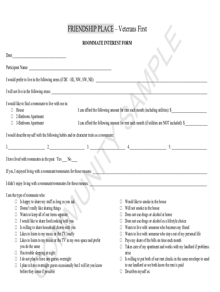 Fillable Online Shared Housing Roommate Interest Form Fax Email Print ...