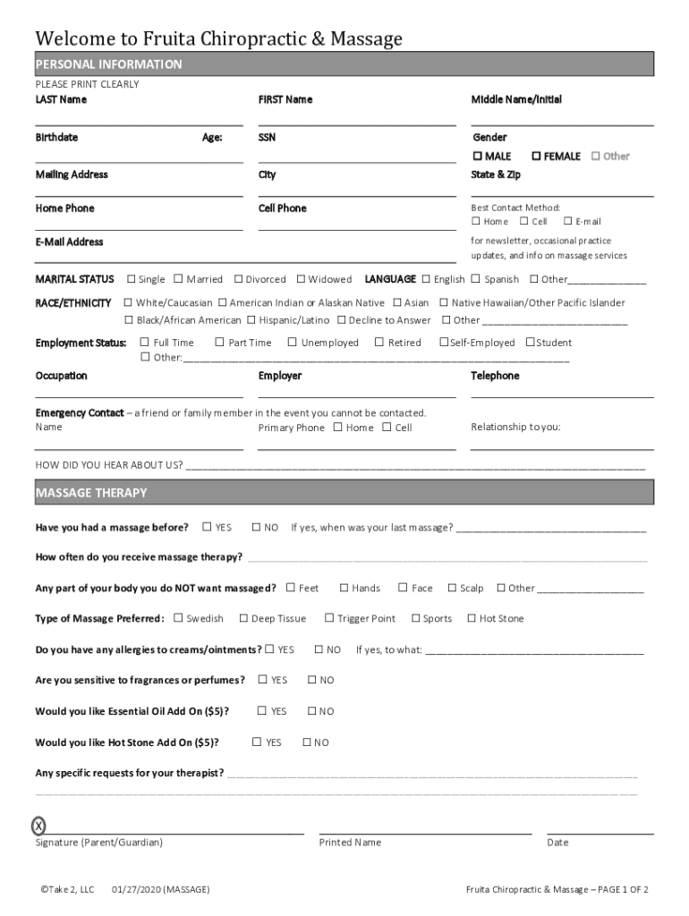 Fillable Online First Massage Form - Fauntleroy Chiropractic Fax Email ...