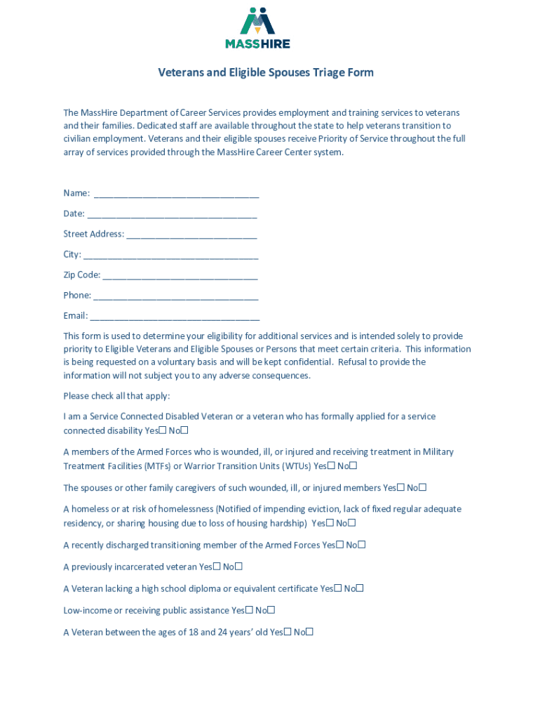 Fillable Online Veterans and Eligible Spouses Triage Form - Mass.gov ...