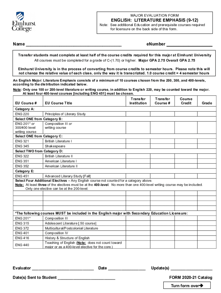 Fillable Online English Advising Checklist for English Majors ...