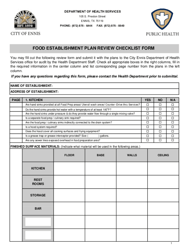 Fillable Online food establishment plan review checklist form city of ...