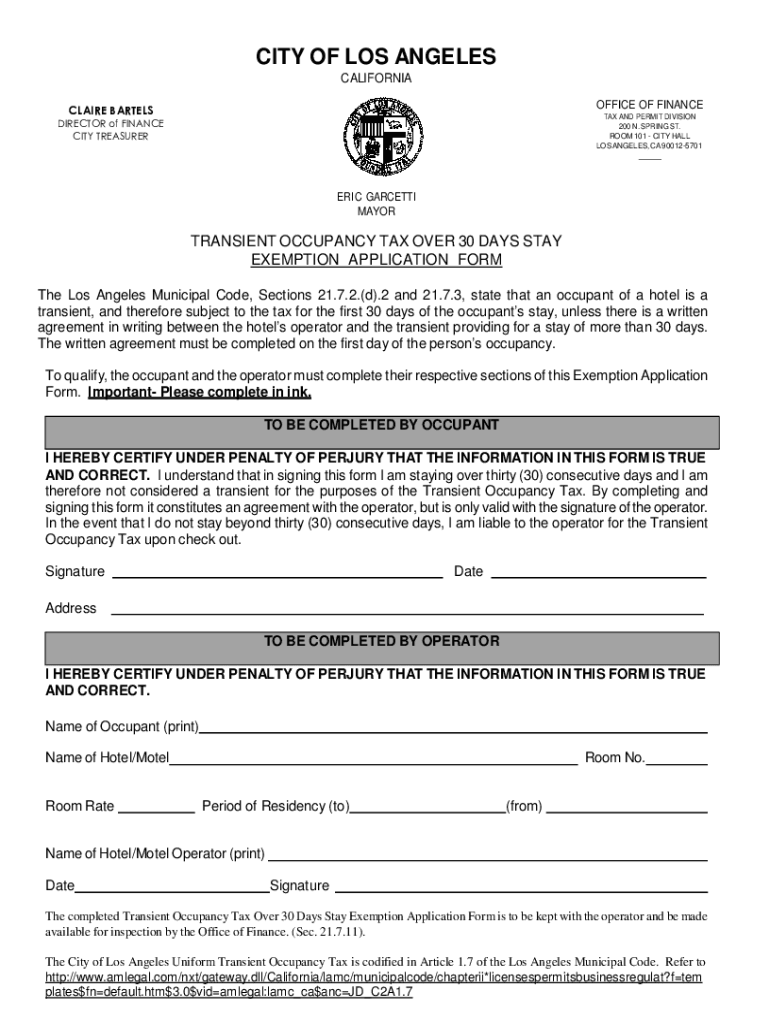 Fillable Online finance lacity TOT Over 30 Days Exemption APP Form Fax ...