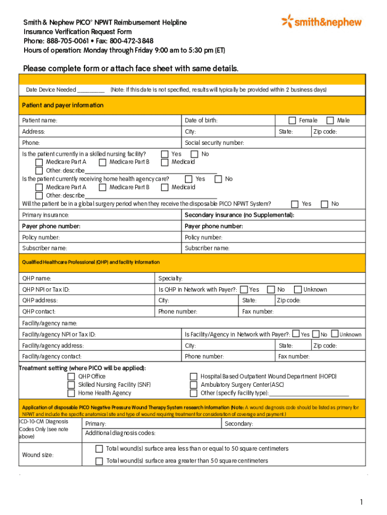 Fillable Online Smith & Nephew PICO NPWT Reimbursement Helpline Fax ...