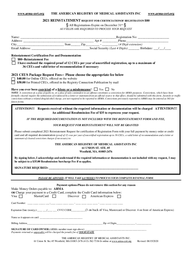 Fillable Online 2021 REINSTATEMENT REQUEST FOR CERTFICIATIONOF ...