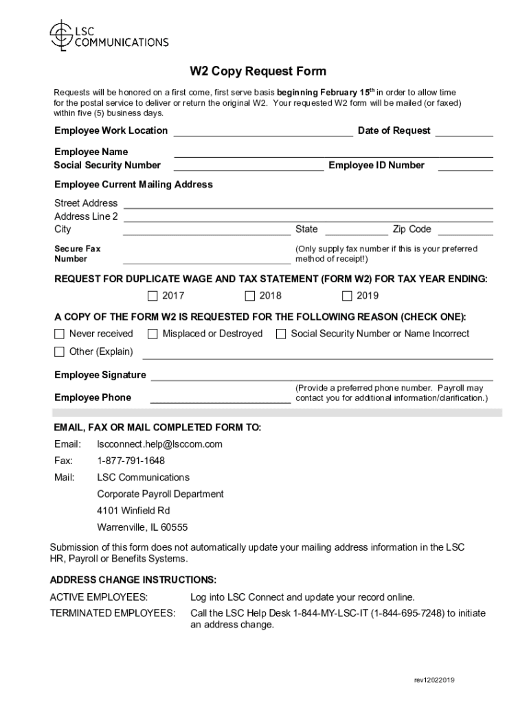Fillable Online 2019 W2 Copy Request Form. Payroll Fax Email Print ...