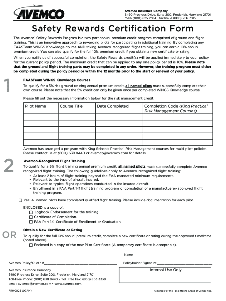 Fillable Online Avemco Insurance Company, 8490 Progress Drive Suite ...