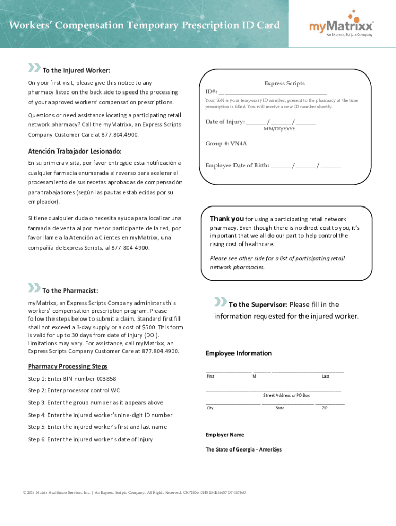 Fillable Online doas ga Workers' Compensation Temporary Prescription ID ...